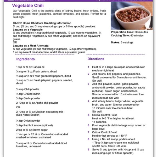 Crediting Recipes in the CACFP – Our Daily Bread CACFP, Serving ...